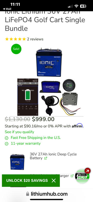 Buy Ionic Lithium 36V 27Ah GC2 LiFePO4 Golf Cart Single Bundle | LithiumHub | Free Shipping
